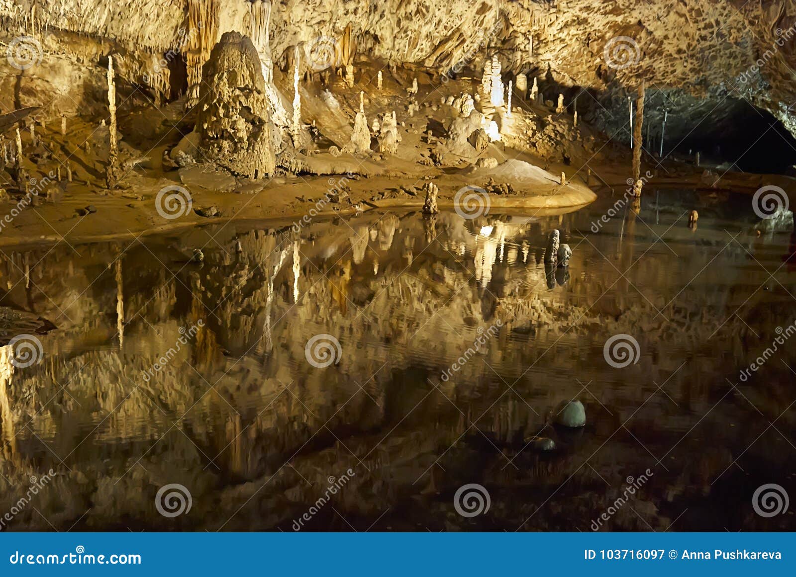 Inside a Big Limestone Cave with an Underground Lake Stock Image ...