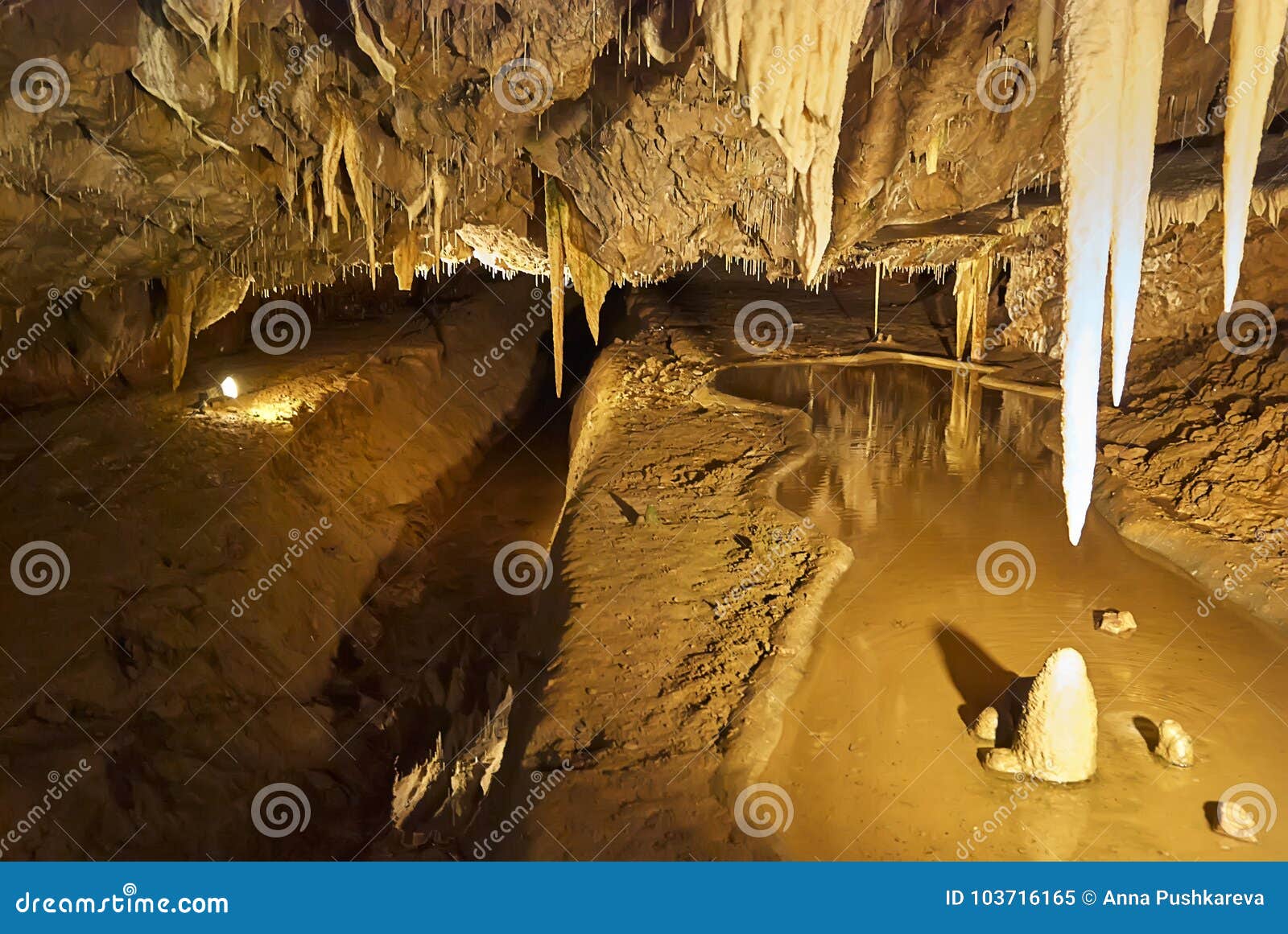 Inside a Big Limestone Cave with an Underground Lake Stock Image ...
