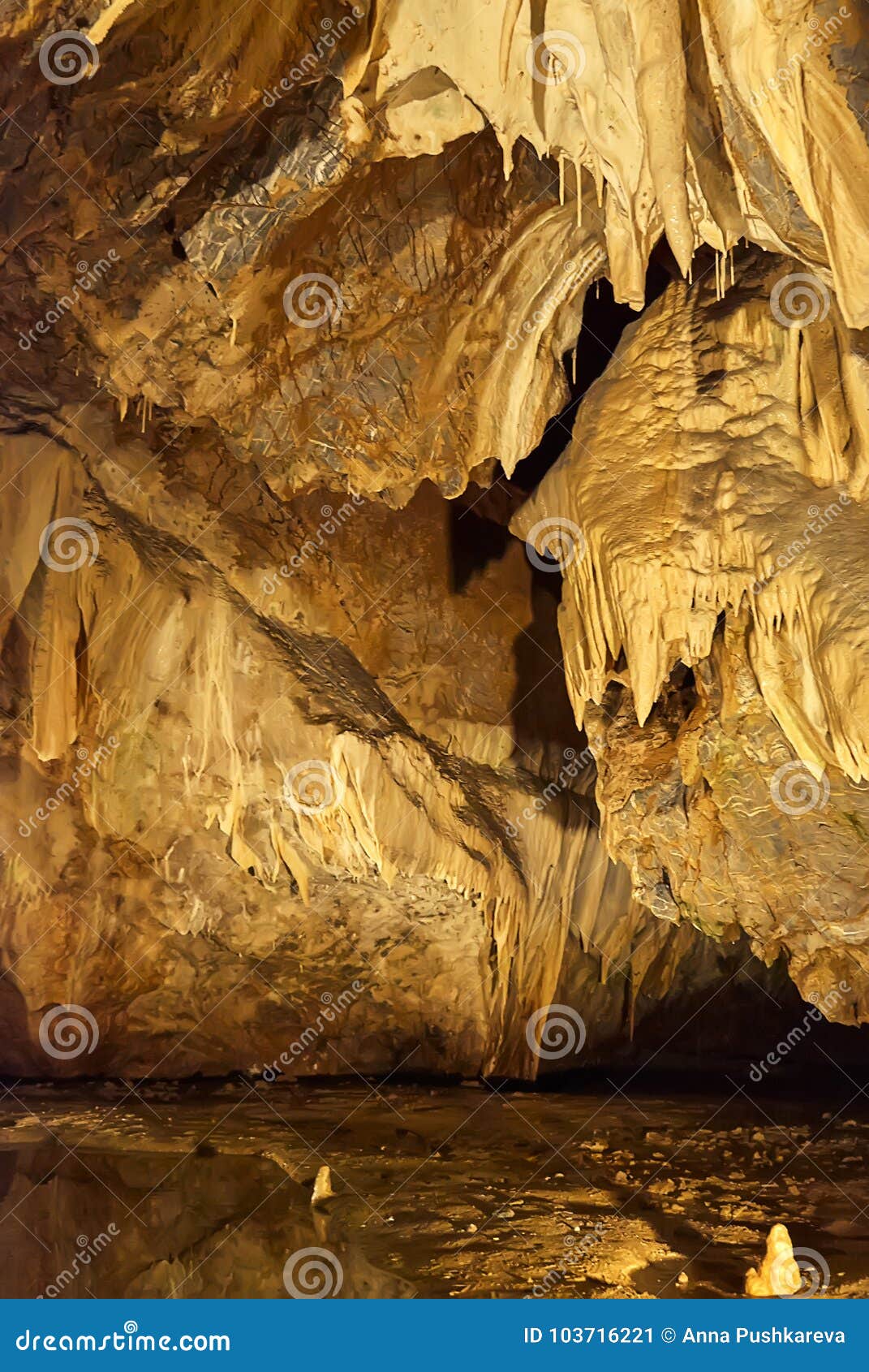 Inside a Big Limestone Cave with an Underground Lake Stock Image ...