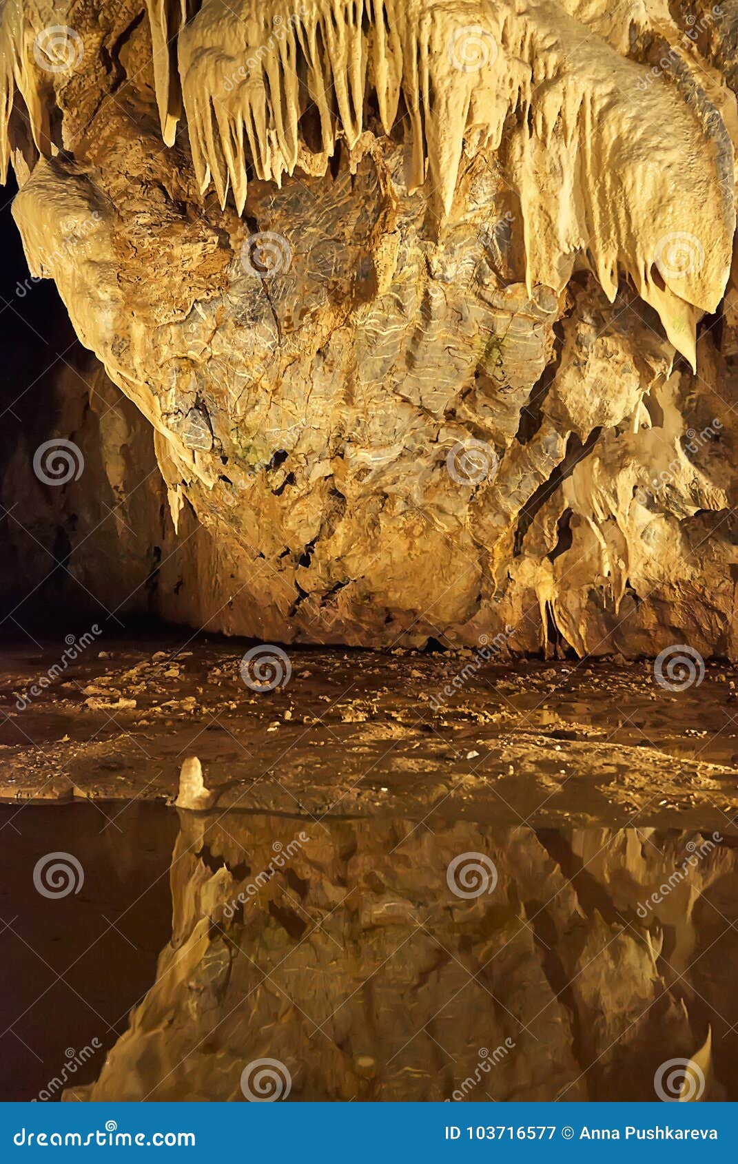 Inside a Big Limestone Cave with an Underground Lake Stock Image ...