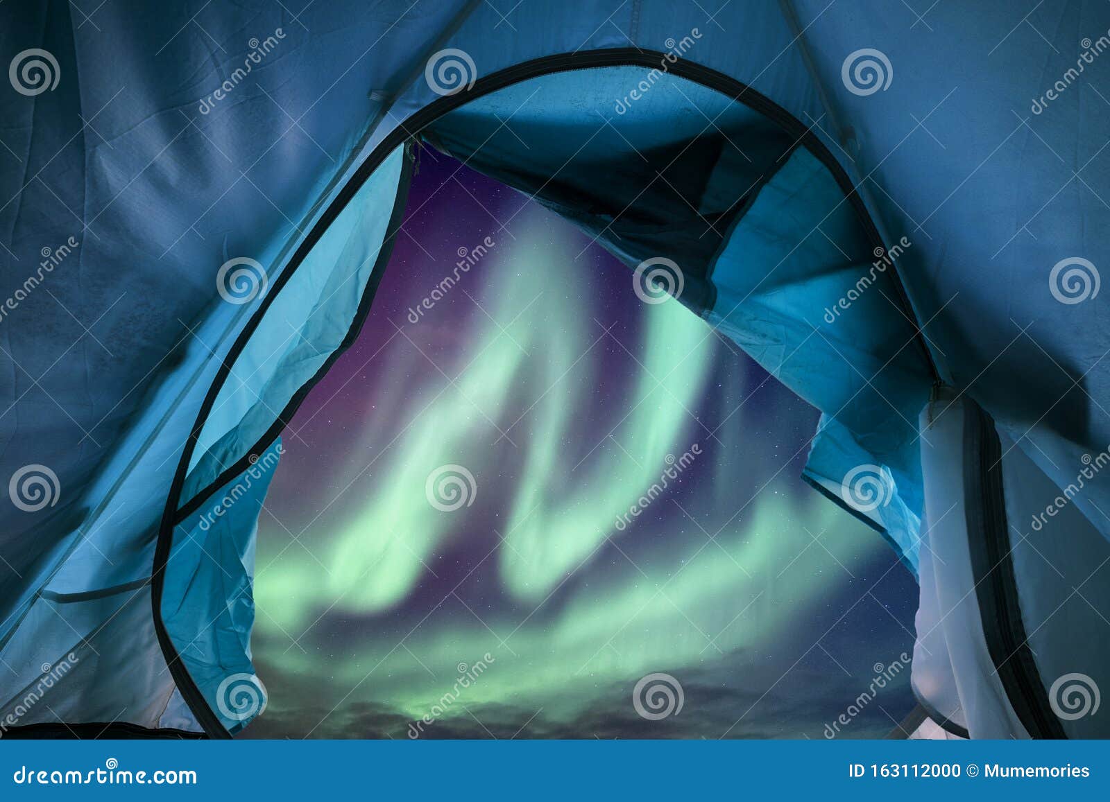 Inside of Blue Tent Camping with Aurora Borealis Flying in the Sky ...