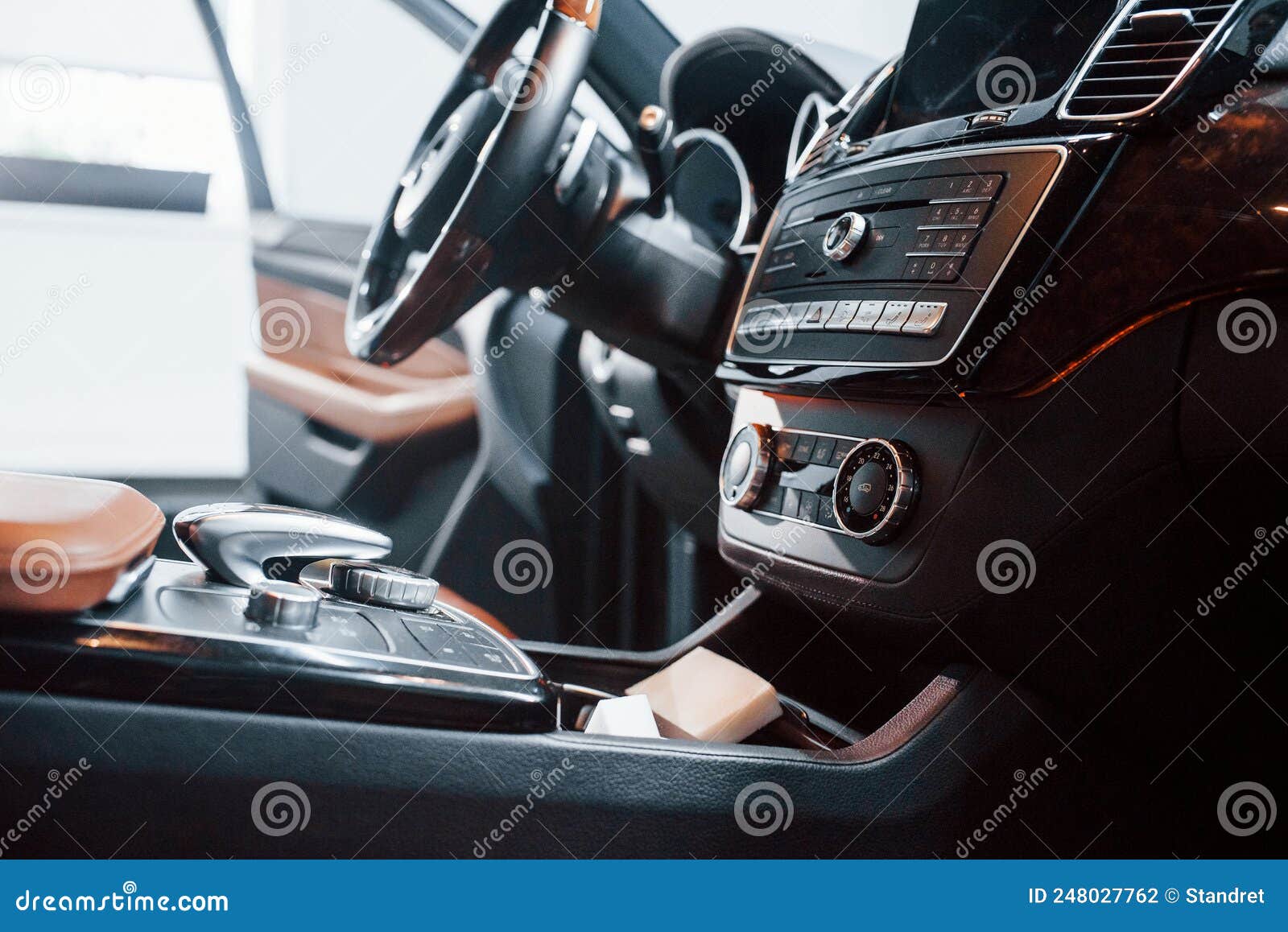 Inside of Brand New Modern Black Automobile. Front Control Panel Stock ...