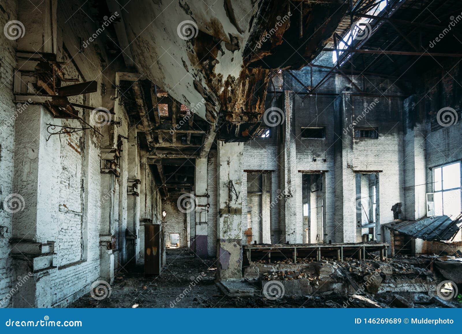 Inside Burned Ruined Factory Stock Image - Image of fire, burn: 146269689