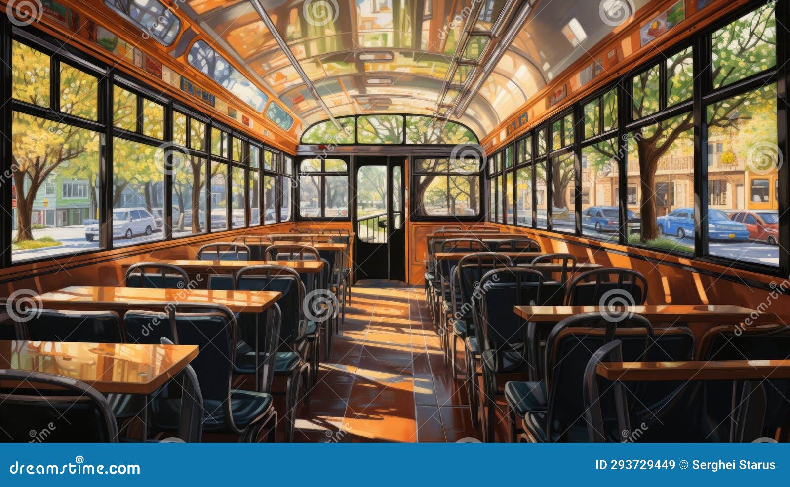 The Inside of a Bus with Tables and Chairs, AI Stock Image - Image of ...