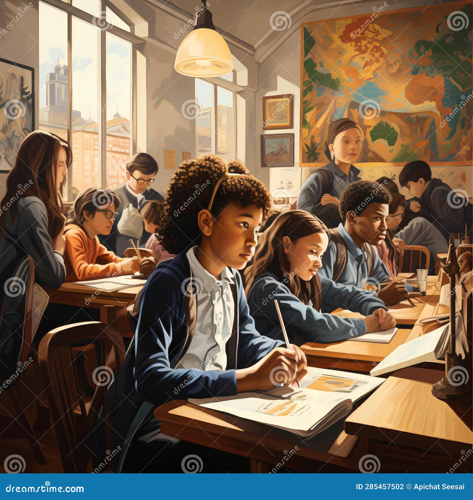 Inside a Bustling Classroom with Desks Neatly Arranged Stock ...