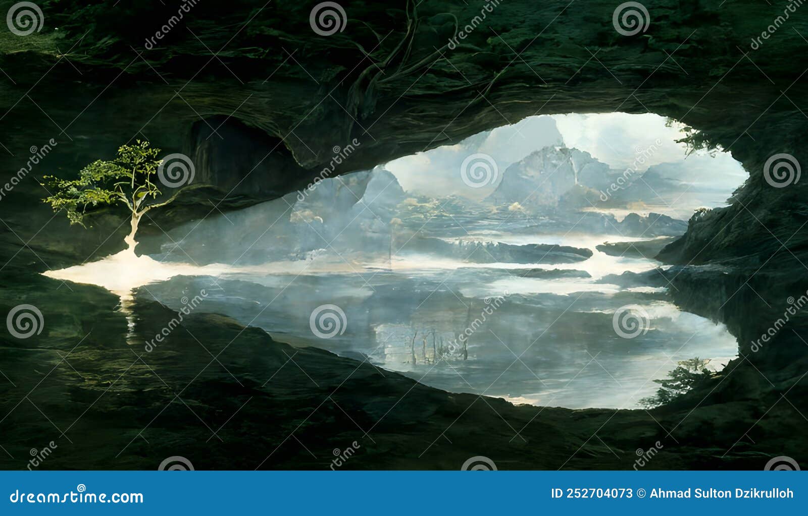 Cave And Tree In Jurassic Peroid . Watercolor Painting Style ...