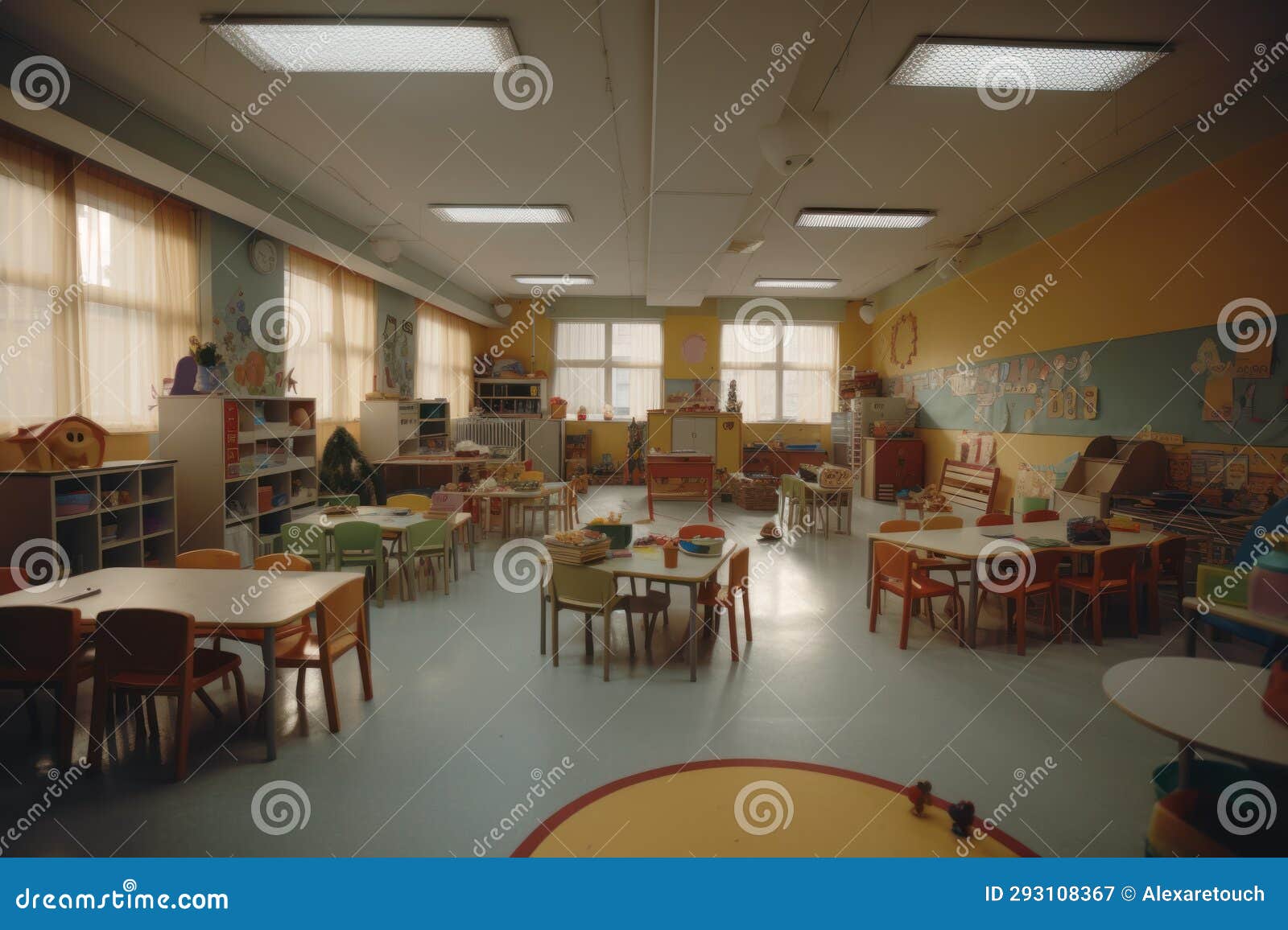 Inside a Classroom with Chairs, Benches and Toys on Tables Stock ...