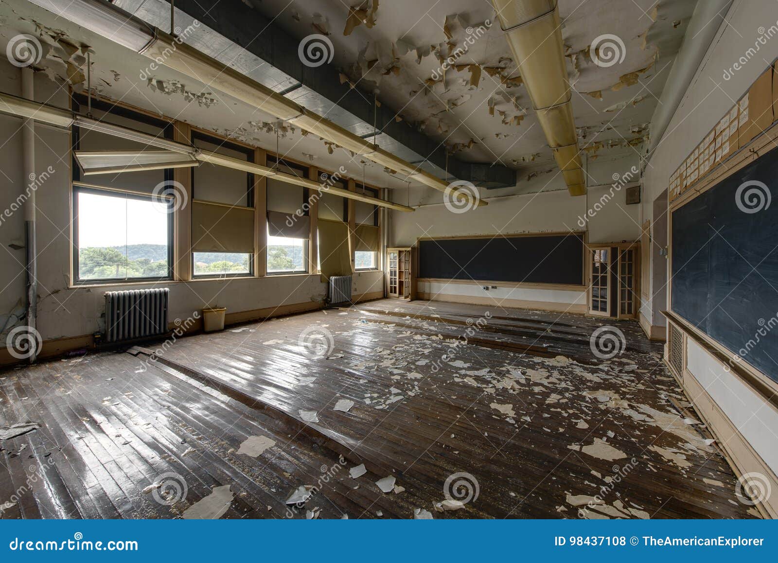 Wide Classroom with Chalkboards - Vintage, Abandoned School Stock Photo ...