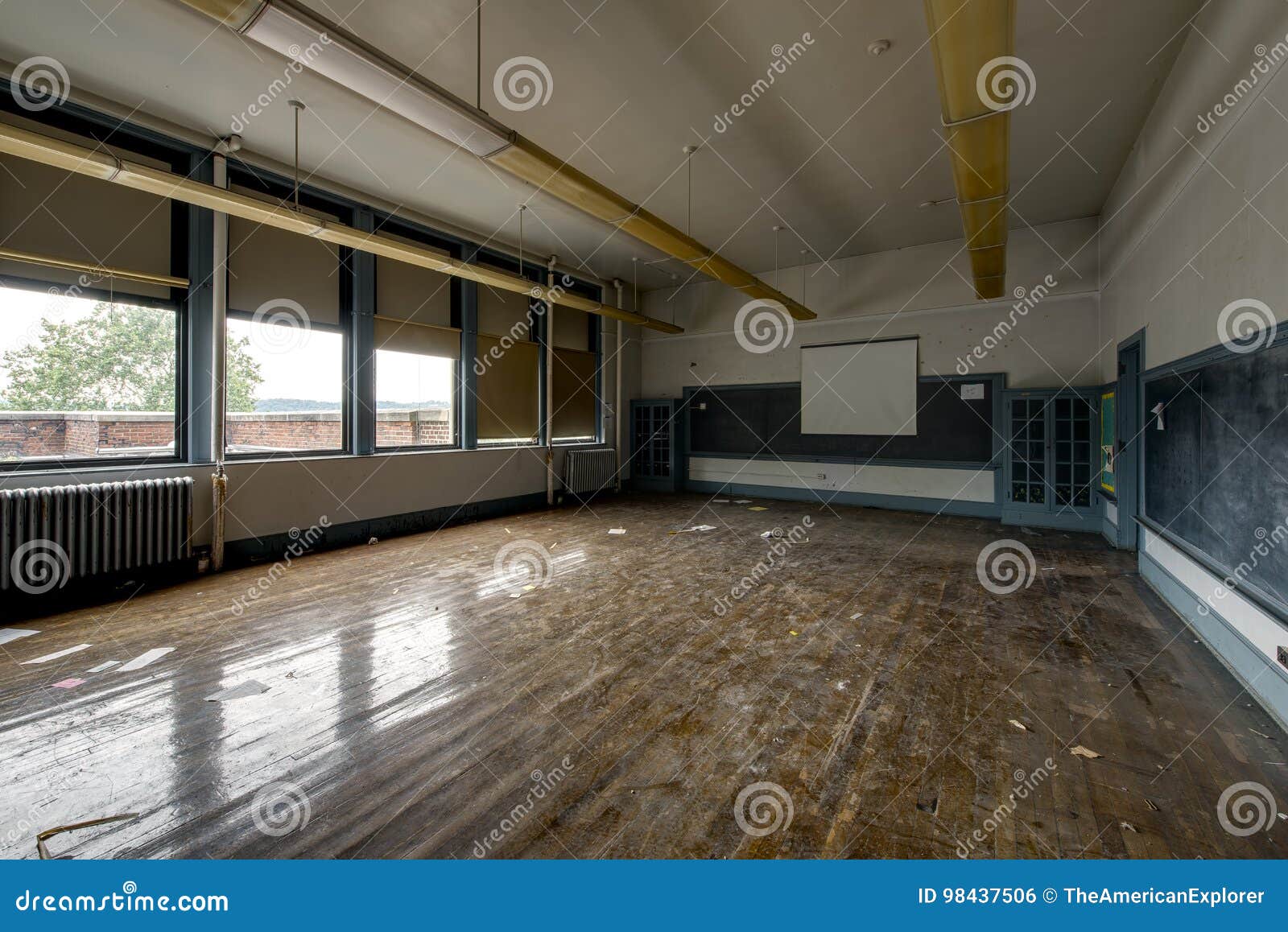 Wide Classroom with Chalkboards - Vintage, Abandoned School Stock Photo ...