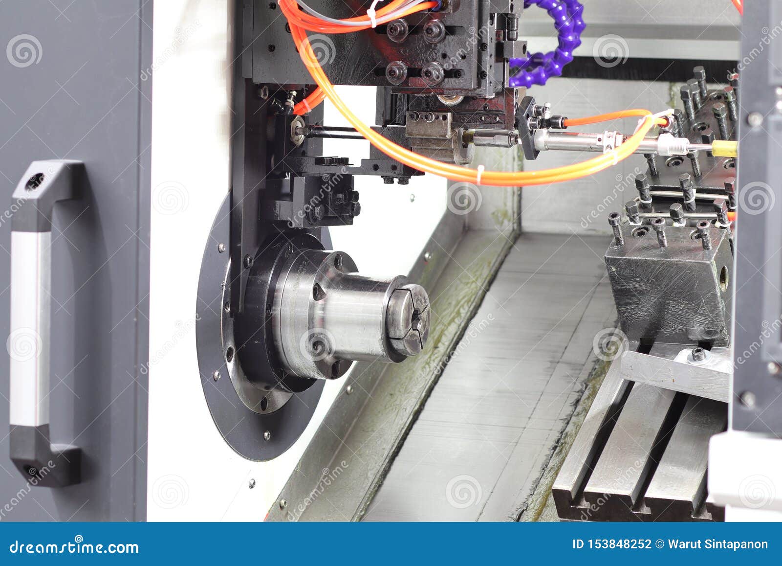 Inside CNC lathe machine stock photo. Image of machining - 153848252