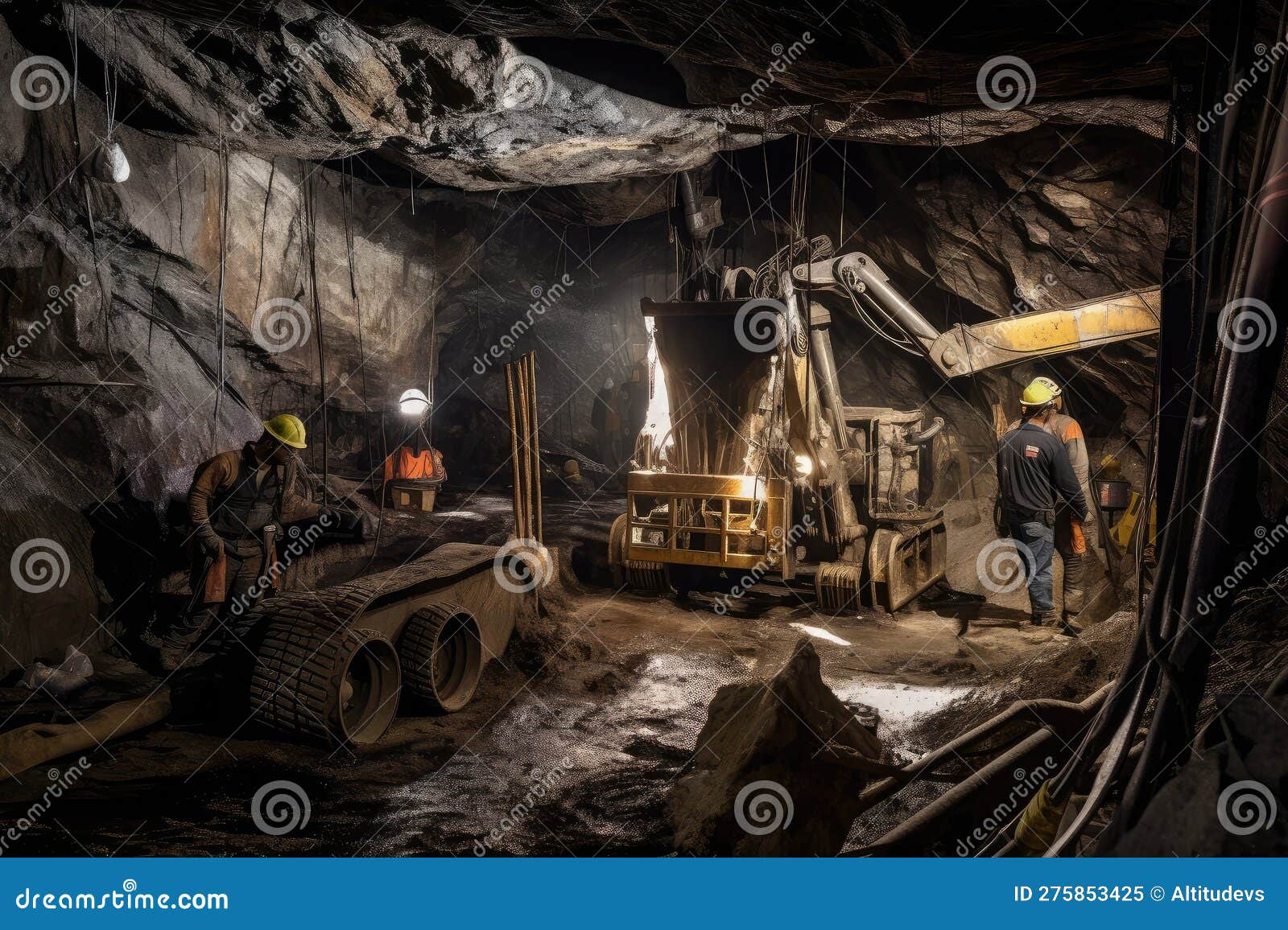 Inside a Coal Mine, with Miners Using and Drilling Equipment To Extract ...