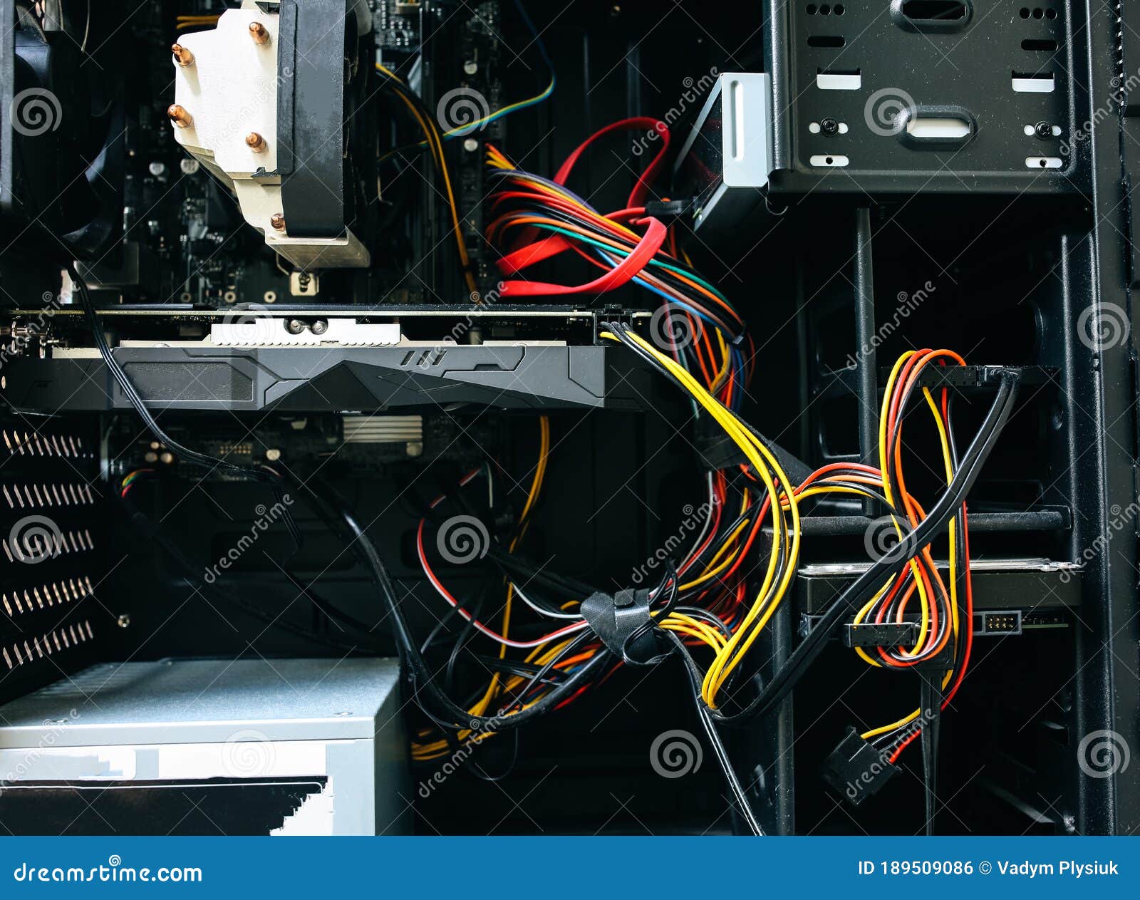 Inside Details Of The Personal Computer. Wires. Motherboard And Video ...