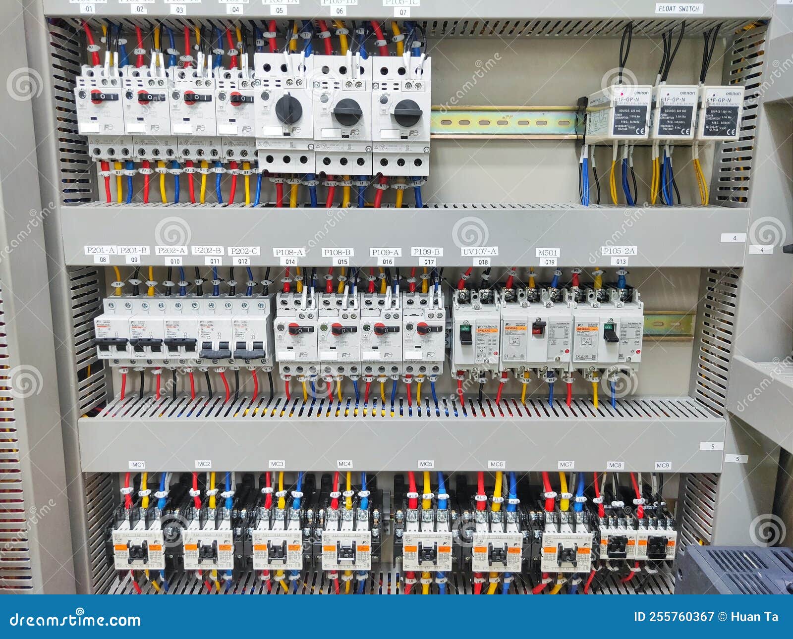 Inside of Electrical Cabinet with Relay, Circuit Breaker, Switch, Wire ...