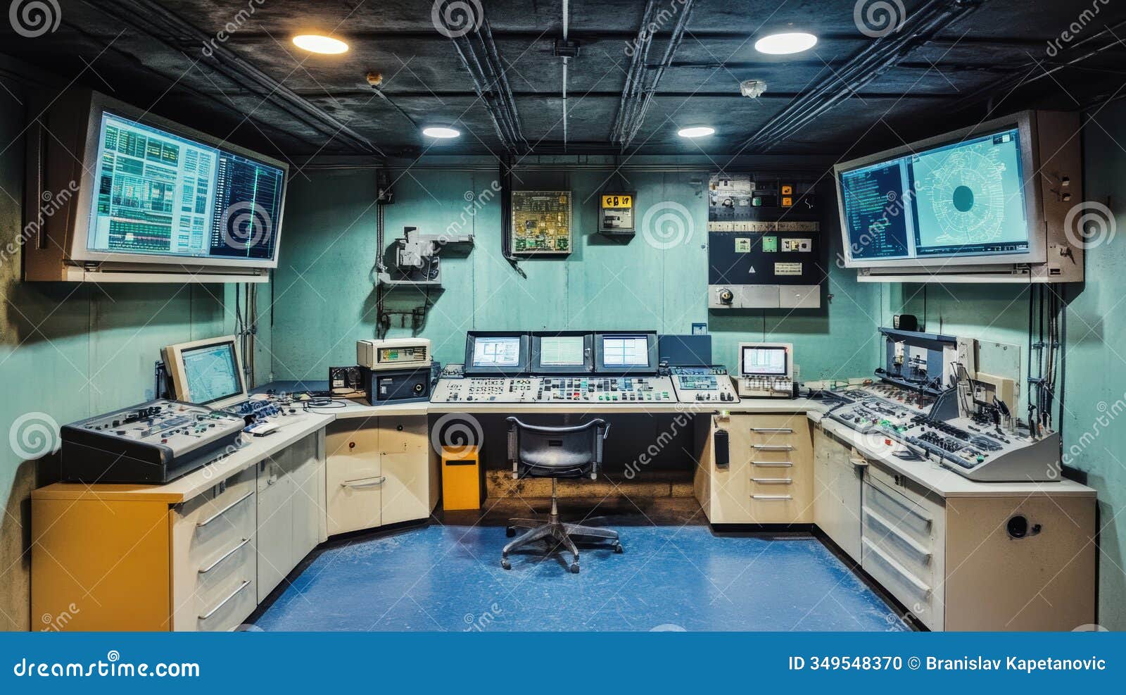Empty Nuclear Bunker Control Room with Computer Screens Displaying Data ...