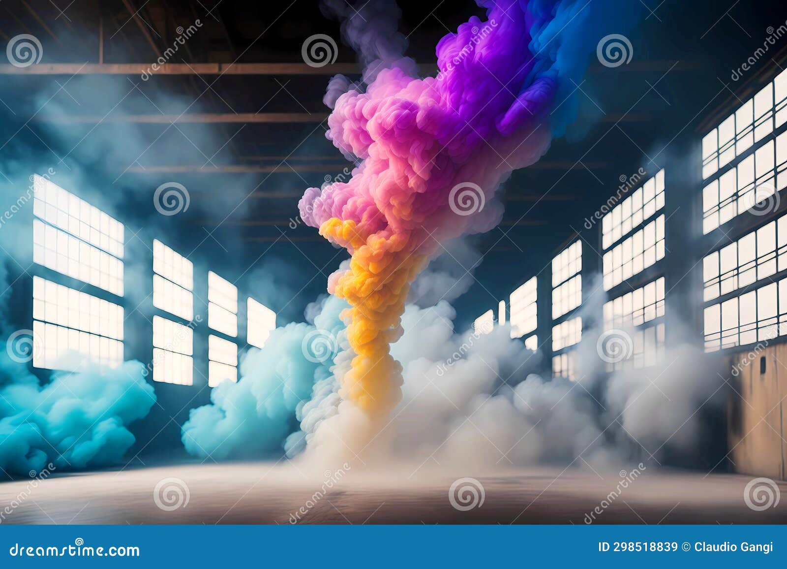 Inside Empty Warehouse Clouds of Color Smoke Explosion Stock ...