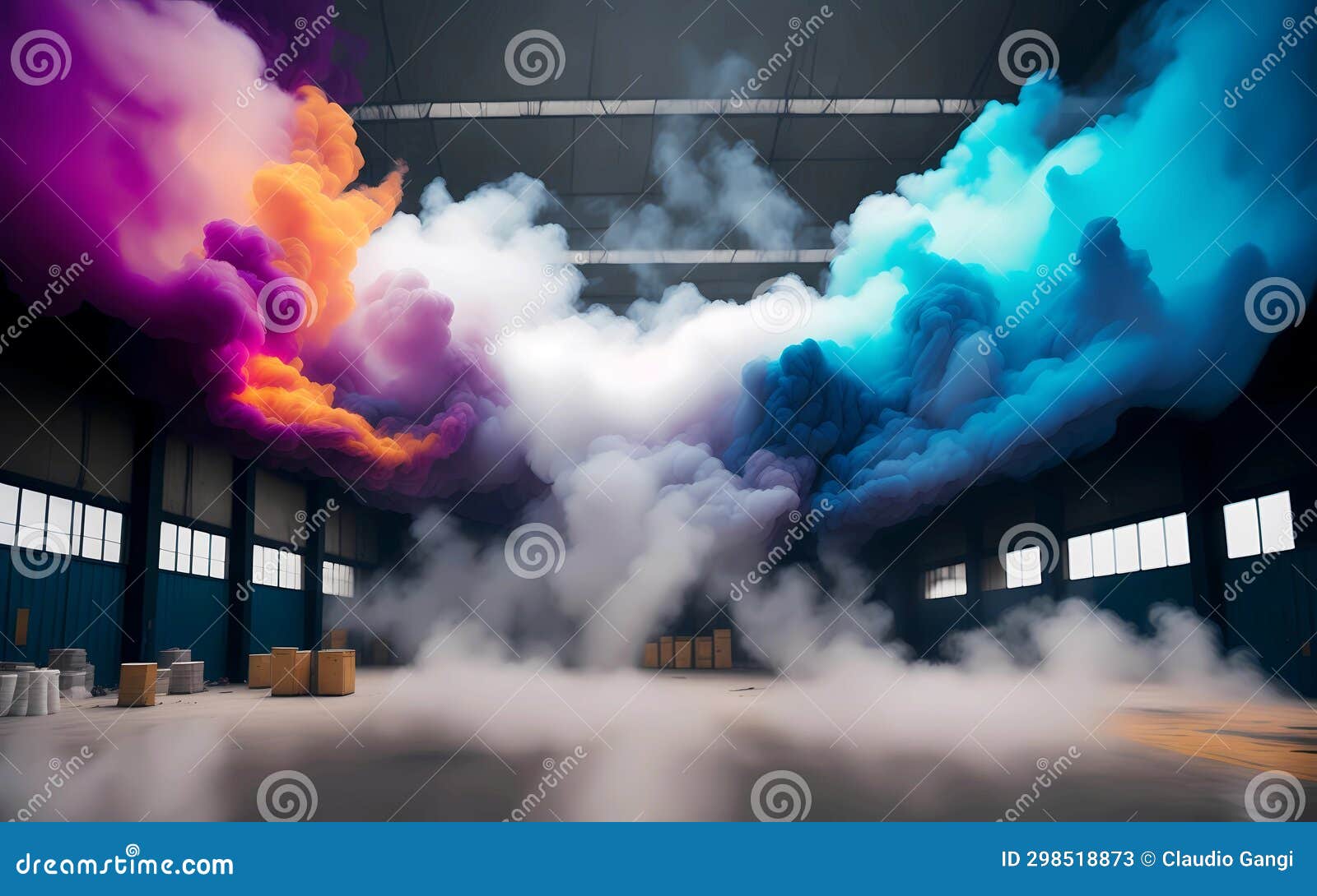 Inside Empty Warehouse Clouds of Color Smoke Explosion Stock ...
