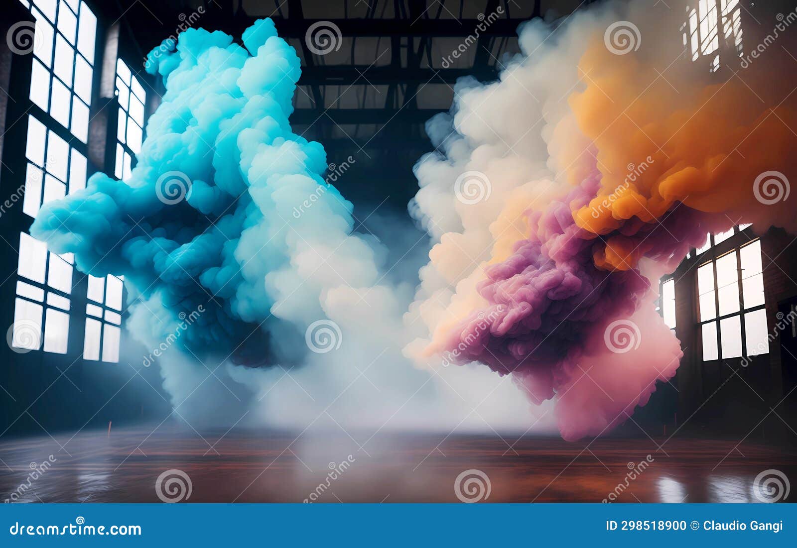 Inside Empty Warehouse Clouds of Color Smoke Explosion Stock Photo ...