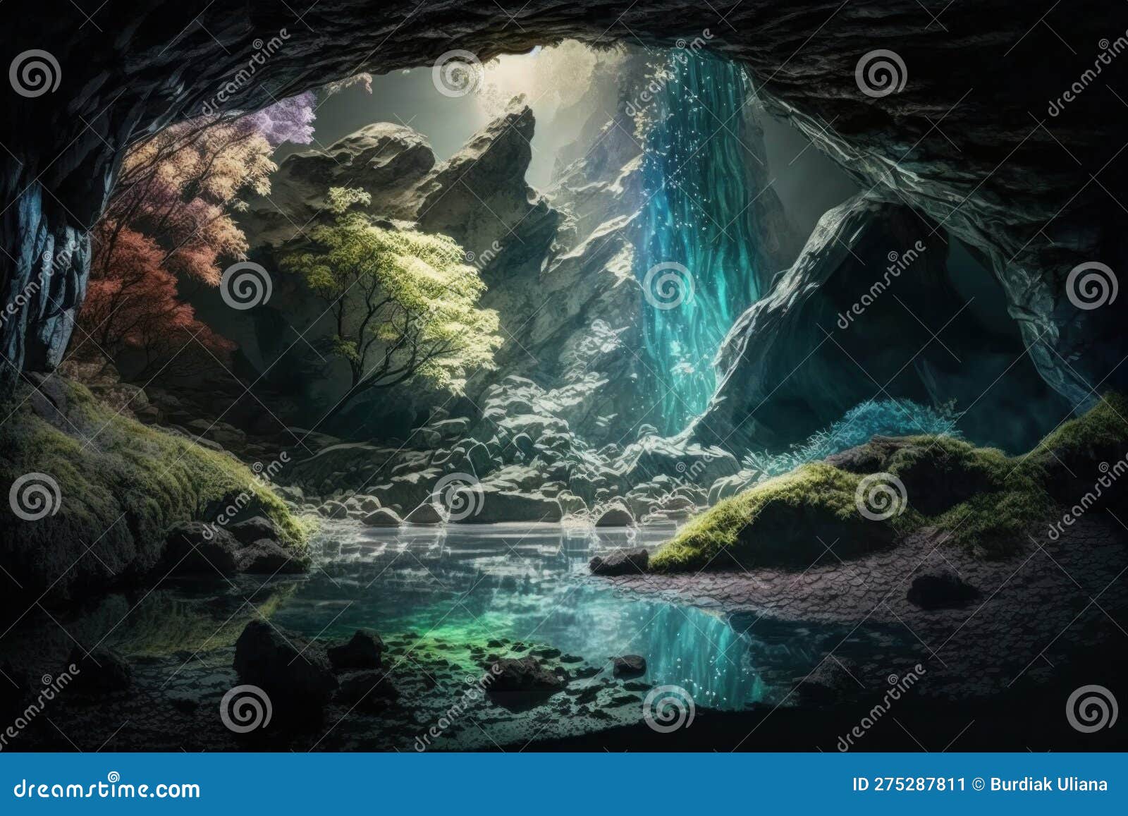 Inside a Fantasy Cave with Water and Sunrays. Generative AI Stock ...