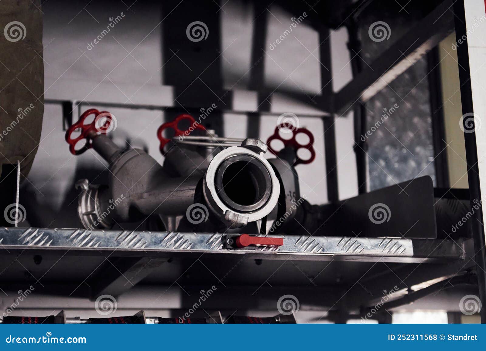 Inside of Fire Truck. Close Up View of Equipment and Hoses Stock Photo ...