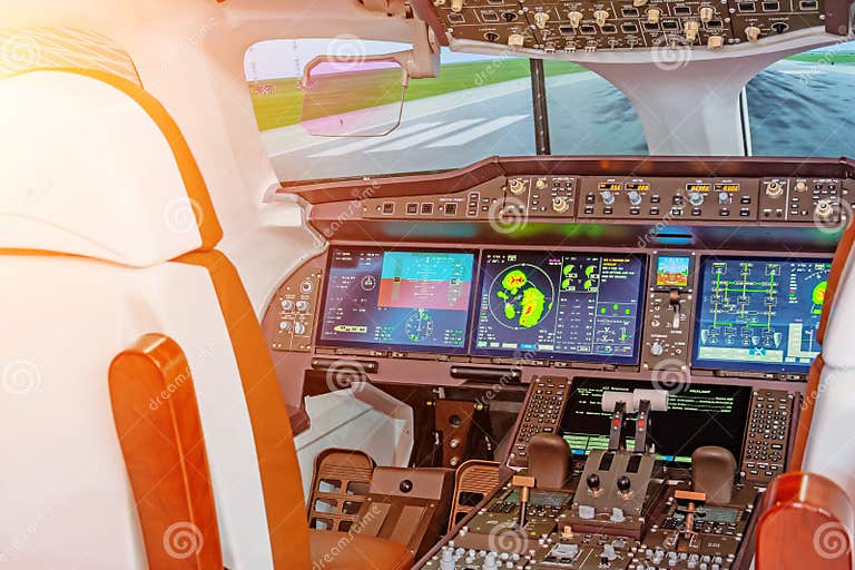 Inside of Flight Simulator Cockpit - Dashboard, Autopilot, Engine ...