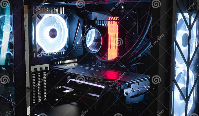 Inside Gaming PC with RGB LED Lights, Liquid Cooling. Stock Image ...