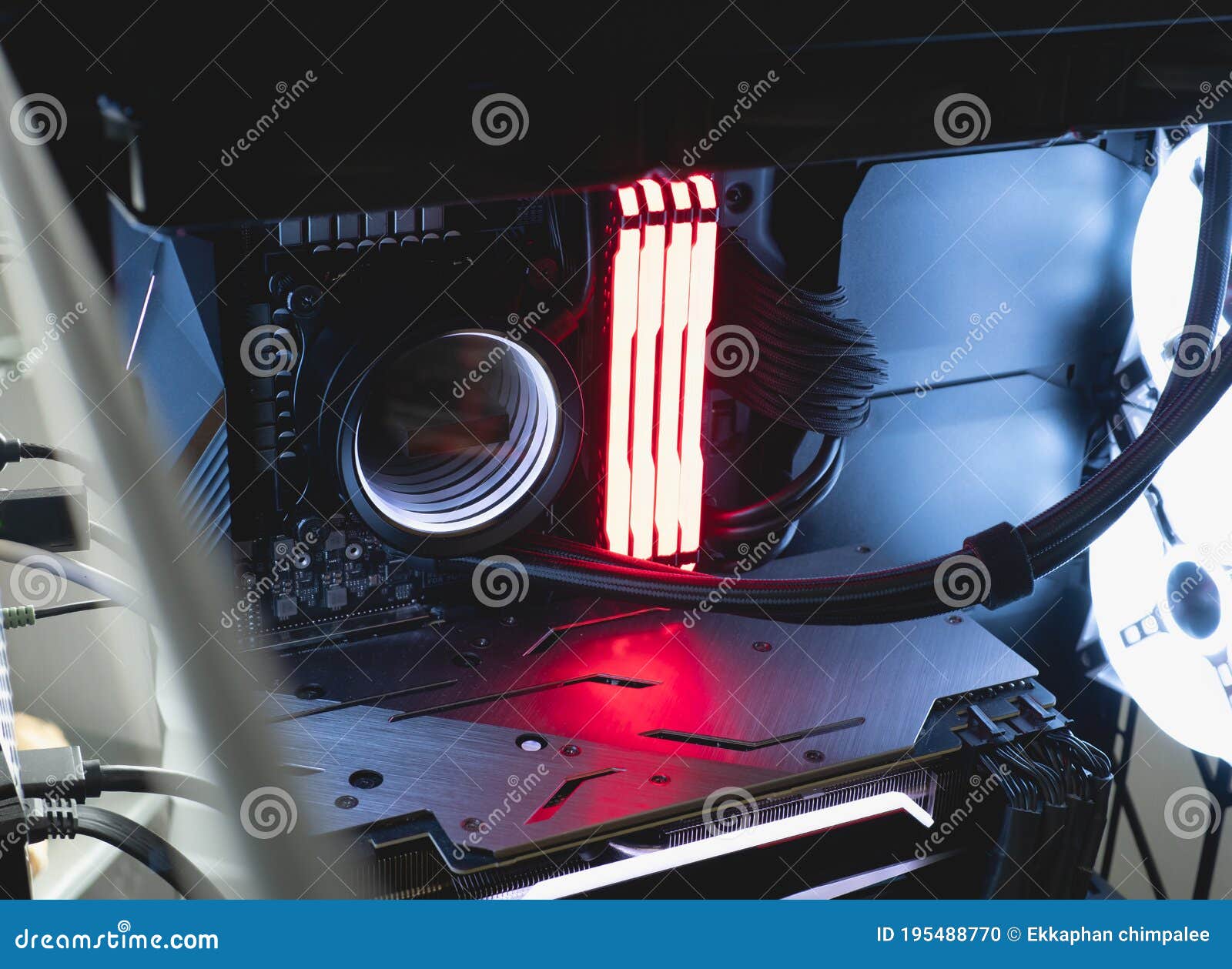 Inside Gaming PC with RGB LED Lights, Liquid Cooling. Stock Photo ...