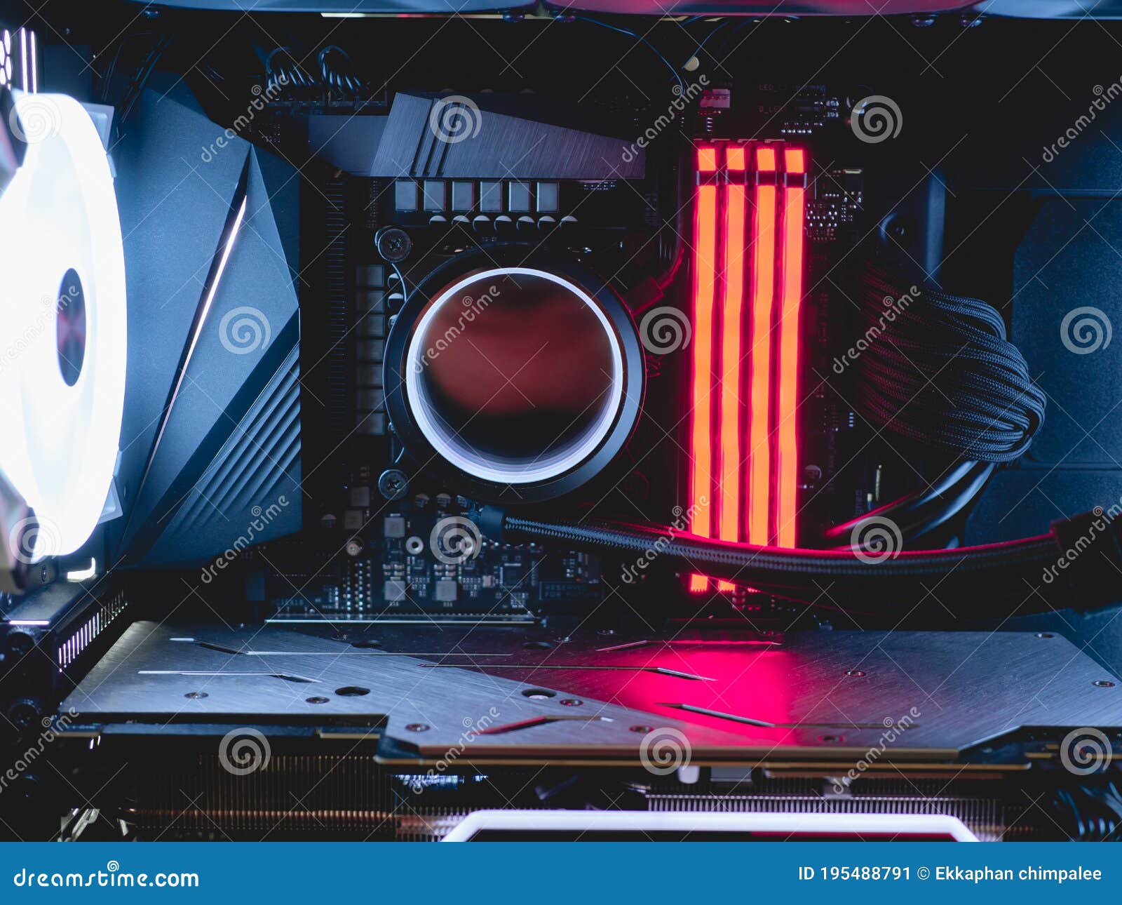 Inside Gaming PC with RGB LED Lights, Liquid Cooling. Stock Image ...