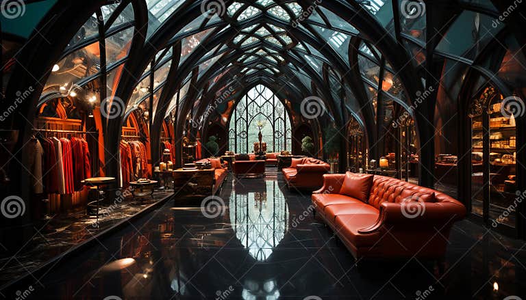 Inside a Gothic Chapel, Illuminated Stained Glass Decorates the Altar ...