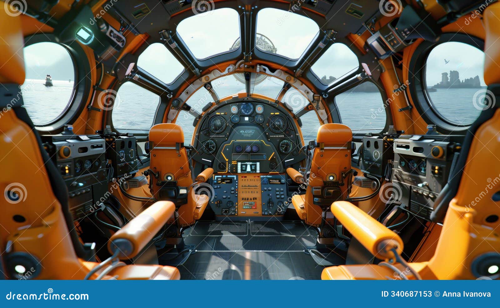 Inside a High-tech Submarine, Bright Orange Seats Encircle Complex ...