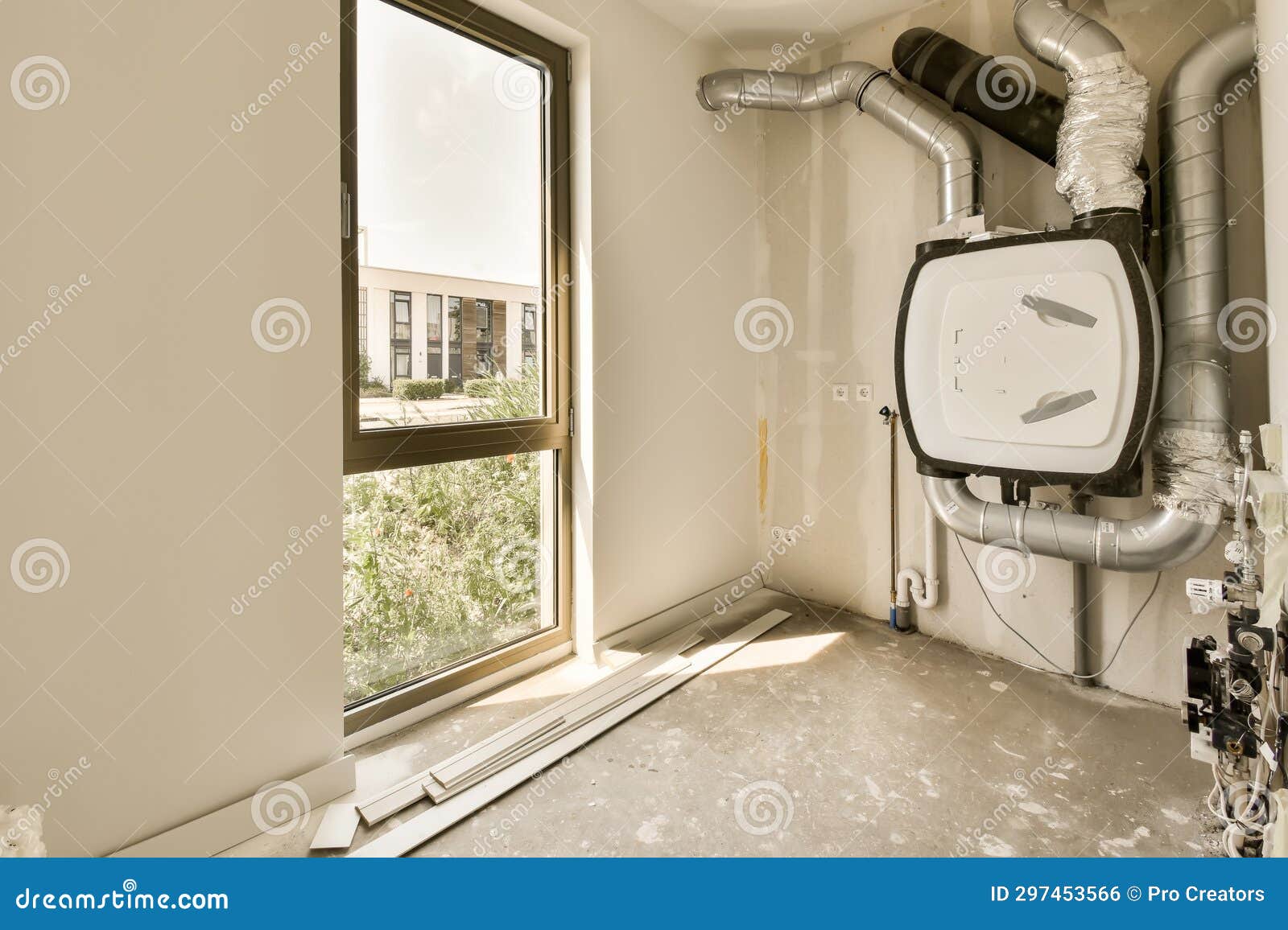 An Empty Room with Pipes and a Window Stock Photo - Image of luxury ...