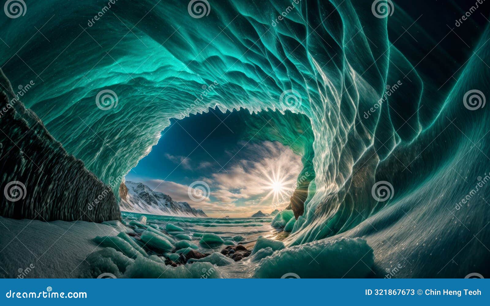 Inside an Ice Cave with a View of a Sunny Landscape Stock Illustration ...