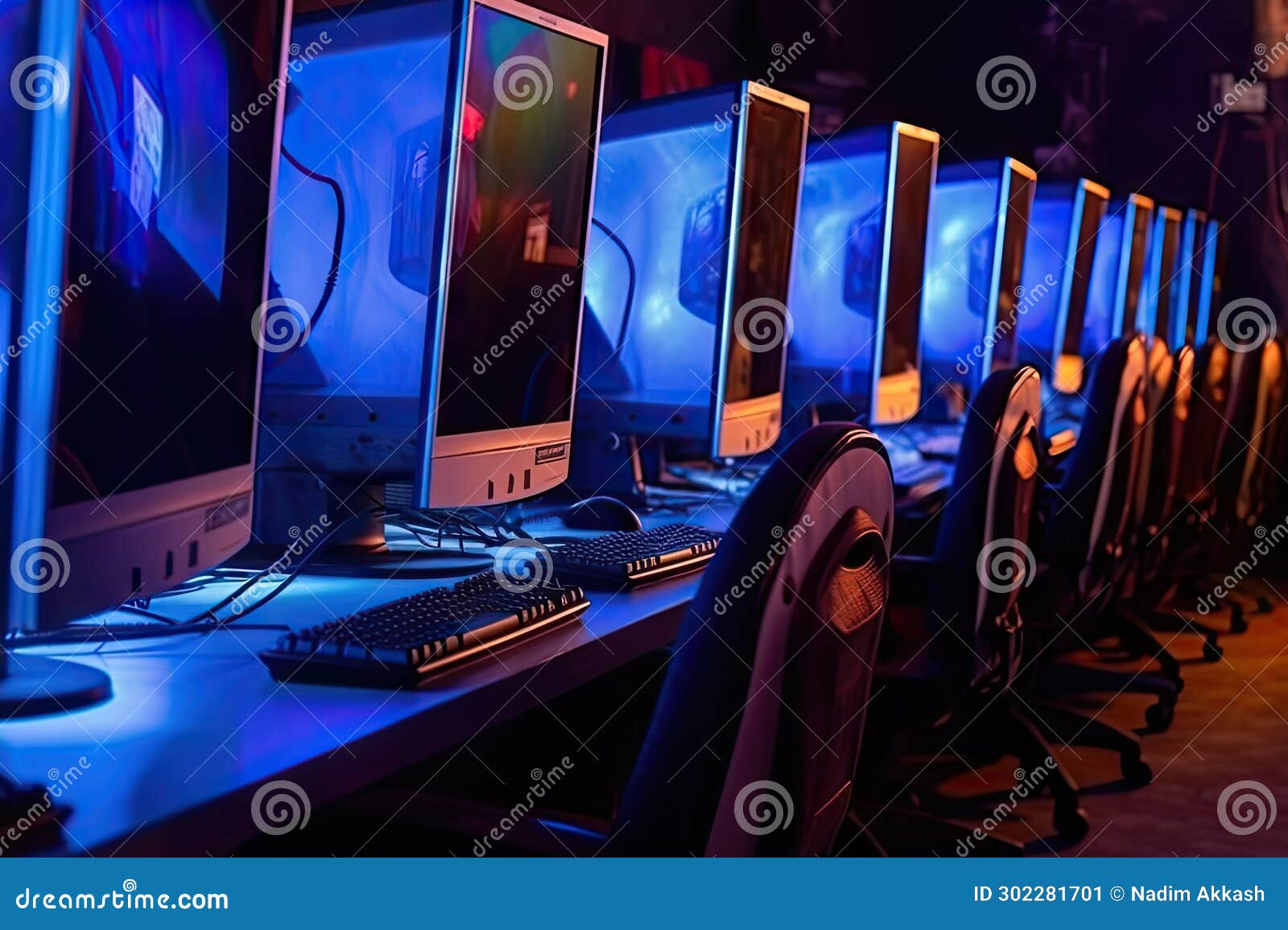 Inside Illuminated Internet Cybercafe Tables Computers Row Stock Image ...