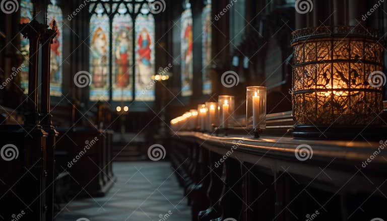 Inside the Illuminated Medieval Chapel, the Priest Lights a Candle ...