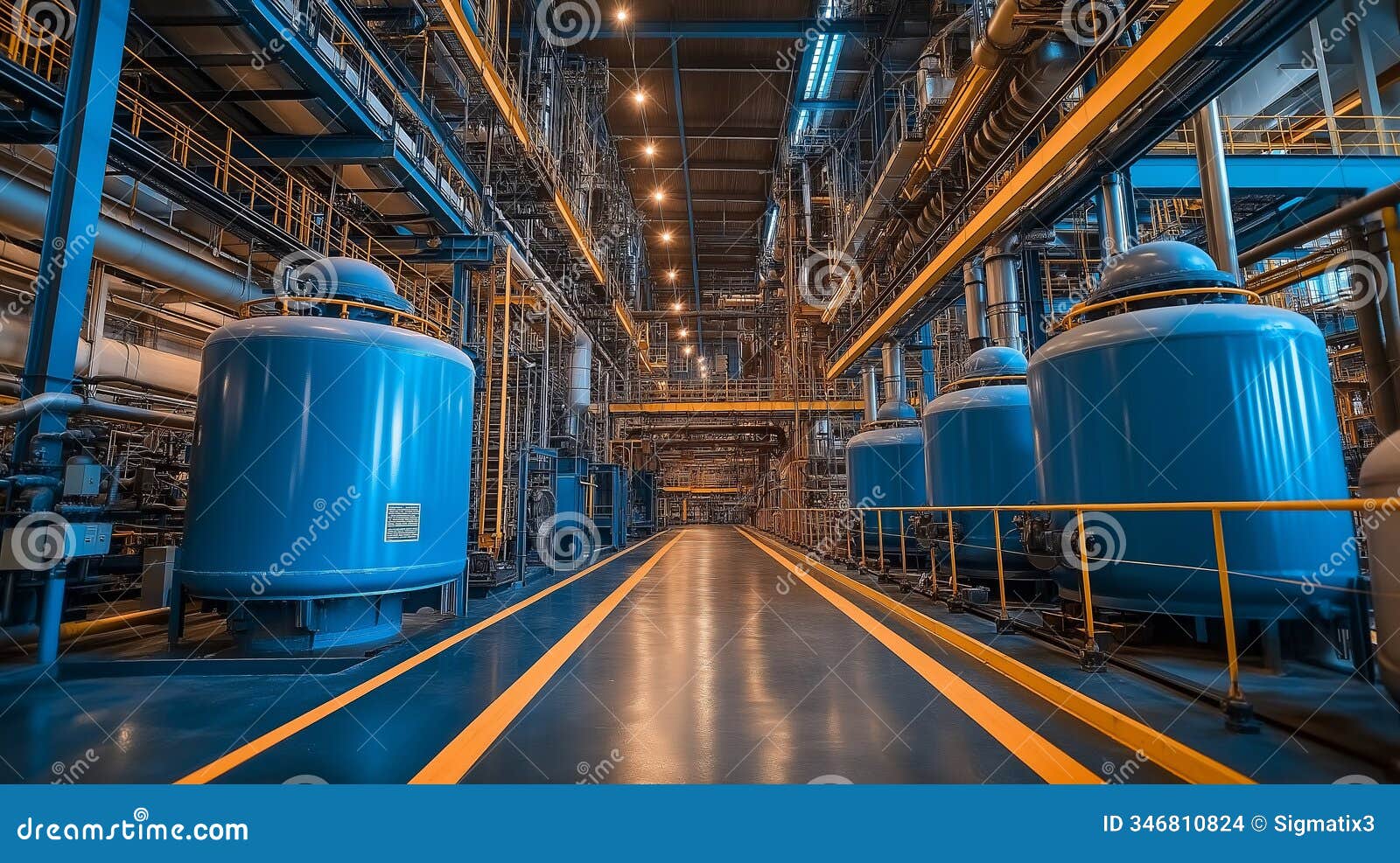 Industrial Interior Showing Large Blue Tanks and Complex Piping System ...