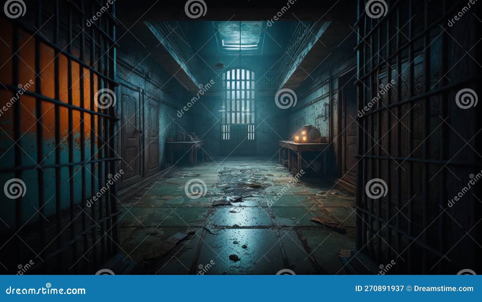 Rundown Jail Cell With Grey Stone Walls And Rusty Iron Bars In Dim ...