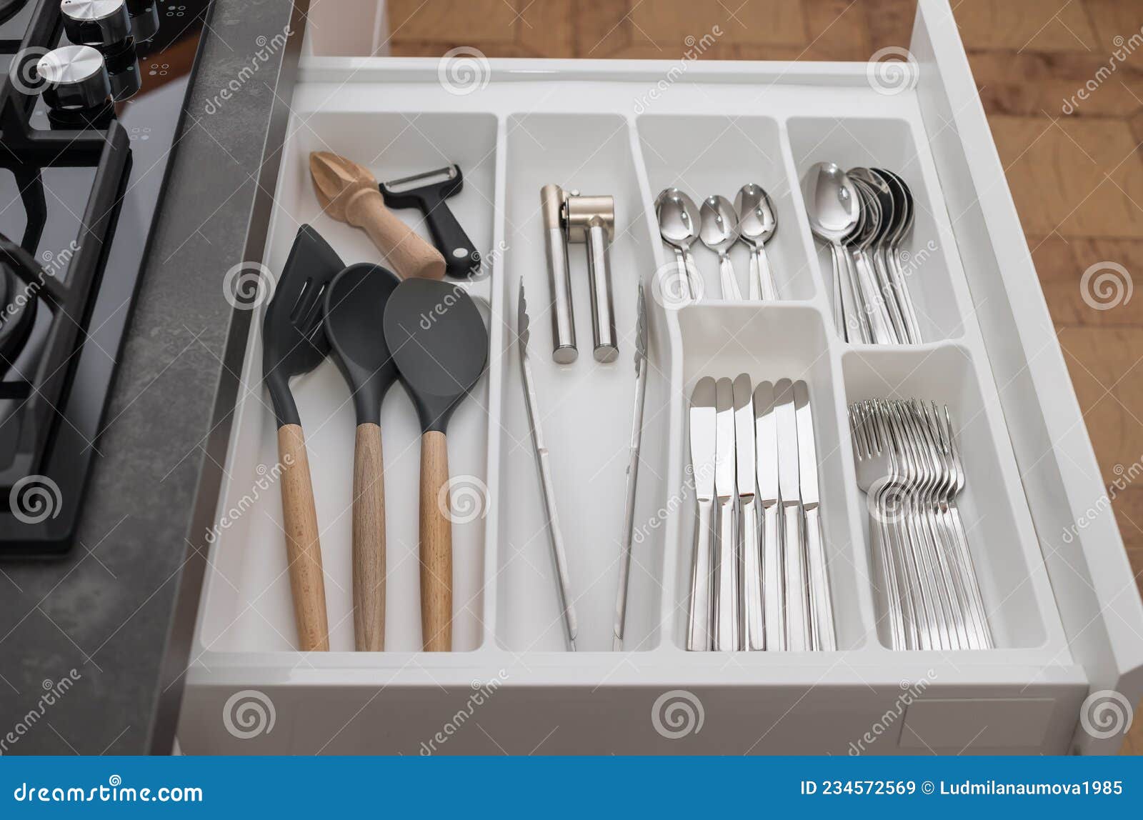 Inside of Kitchen Opened Drawer with Utensils and Cutlery Stock Image ...