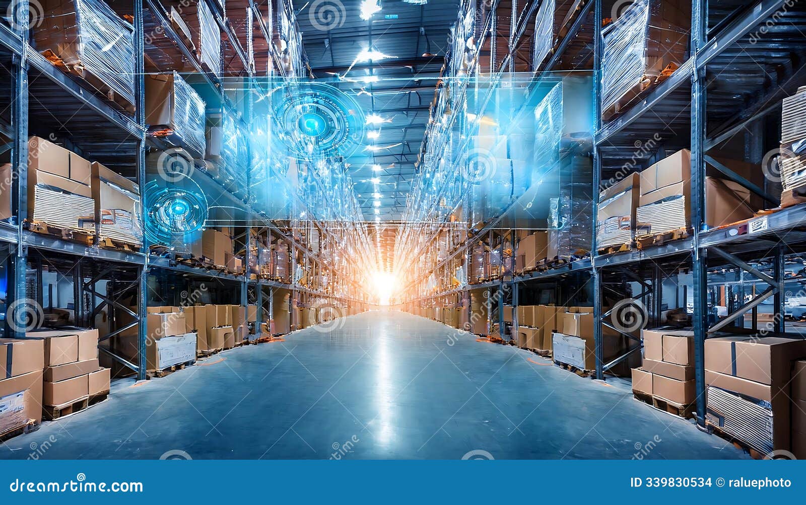 Inside a Large Warehouse Cardboard Boxes are Stacked in Rows on Shelves ...