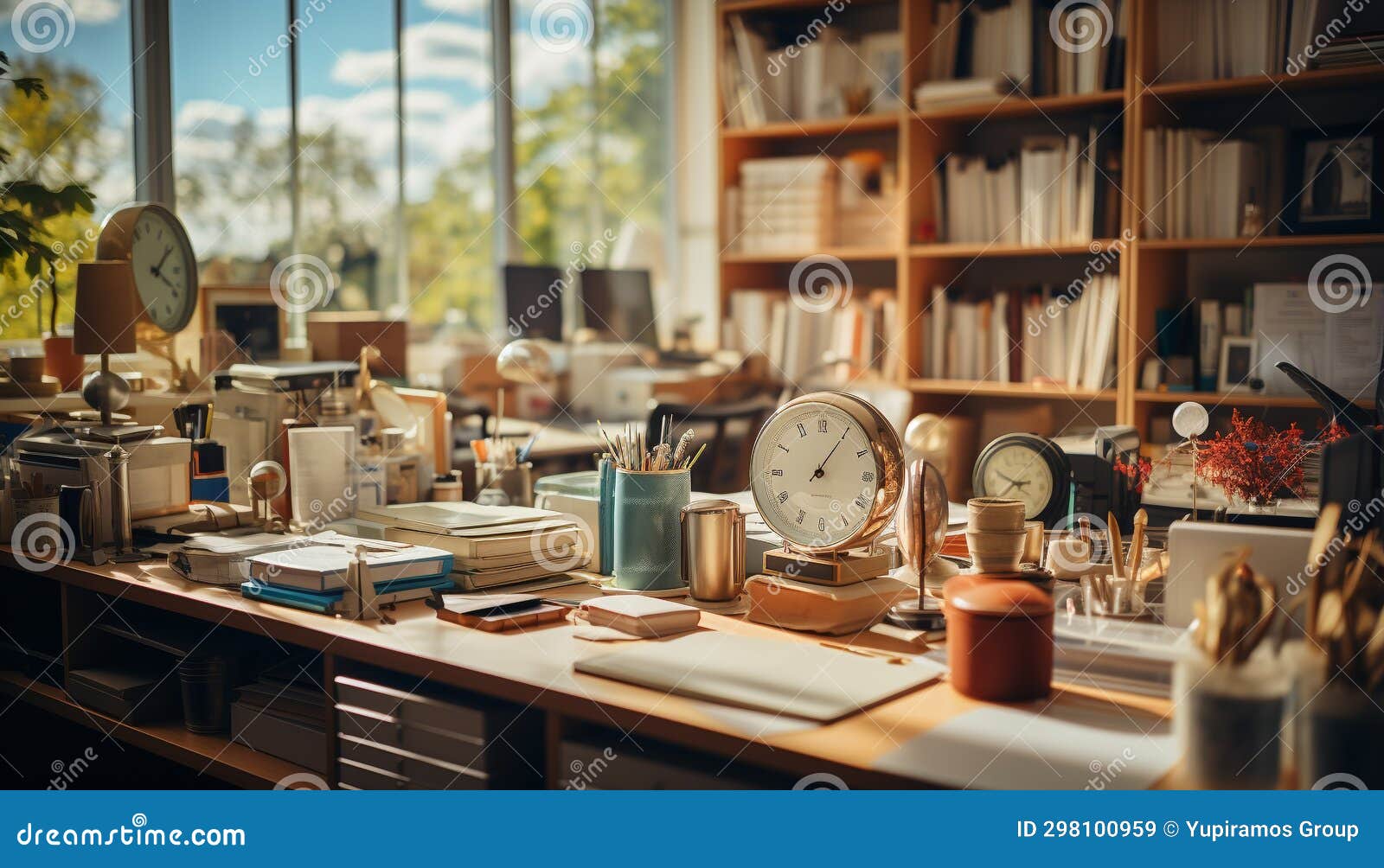 Inside the Library, a Large Clock on a Wooden Bookshelf Generated by AI ...