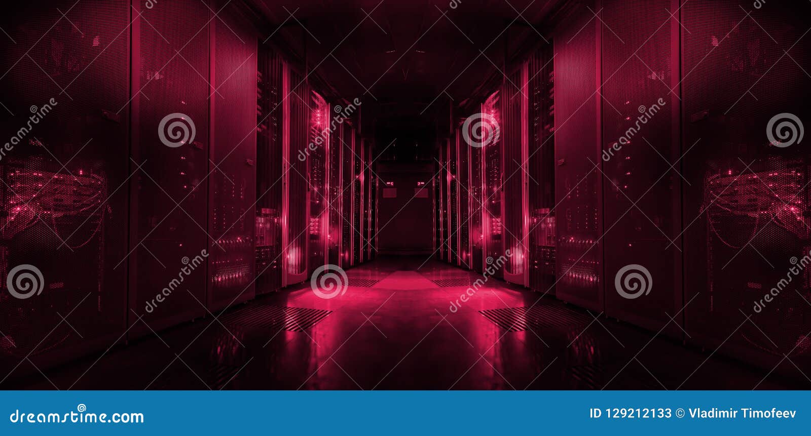 Inside the Long Red Server Room Tunnel Stock Image - Image of network ...