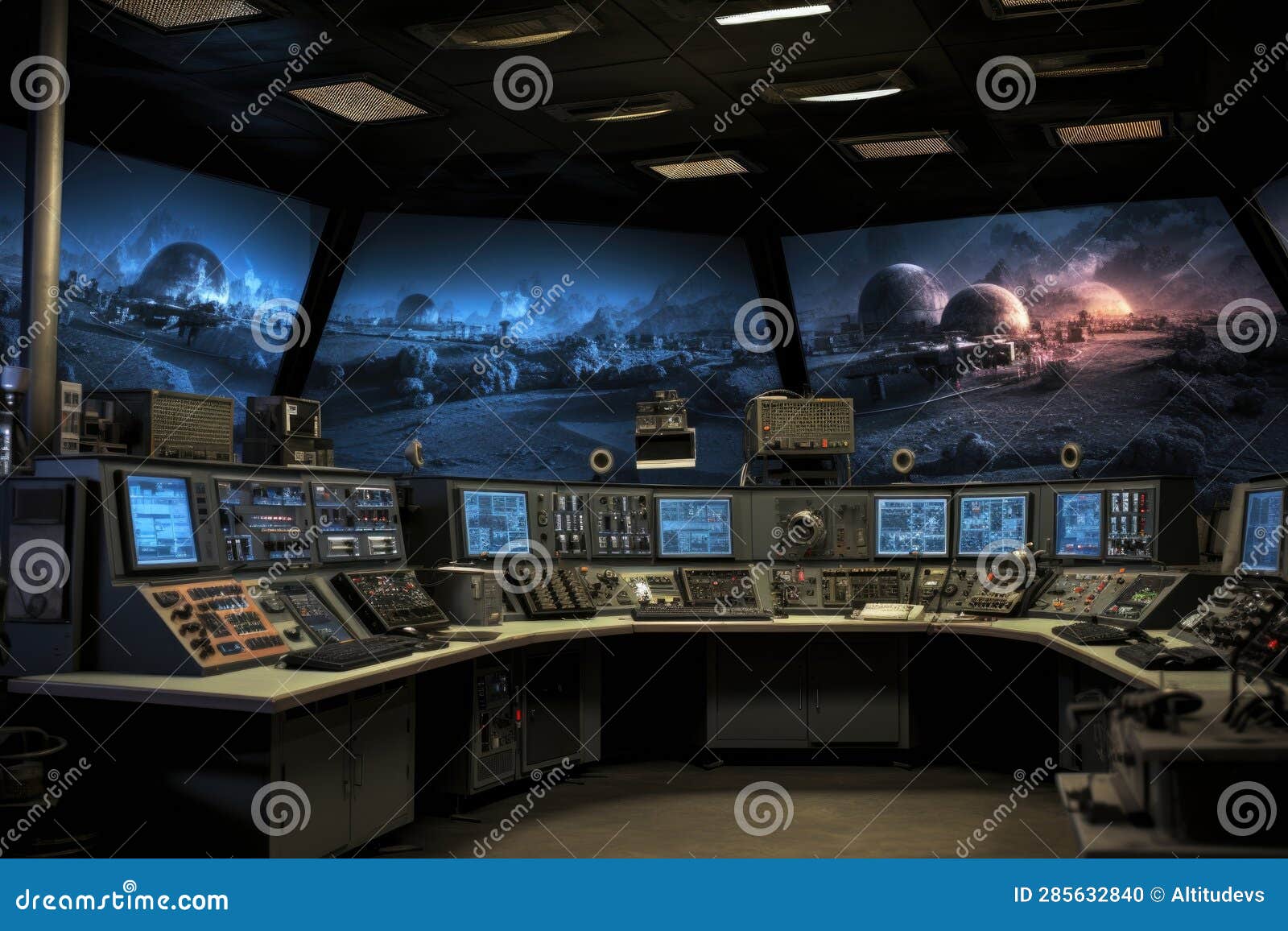 Inside a Lunar Base Control Room with Various Monitors Stock Photo ...
