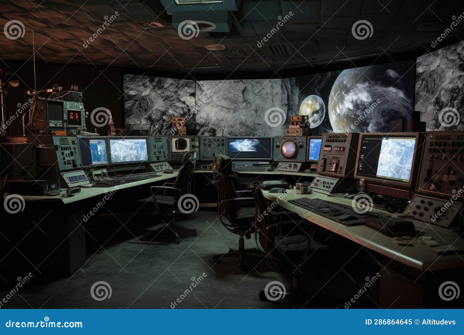 Inside a Lunar Base Control Room with Various Monitors Stock ...