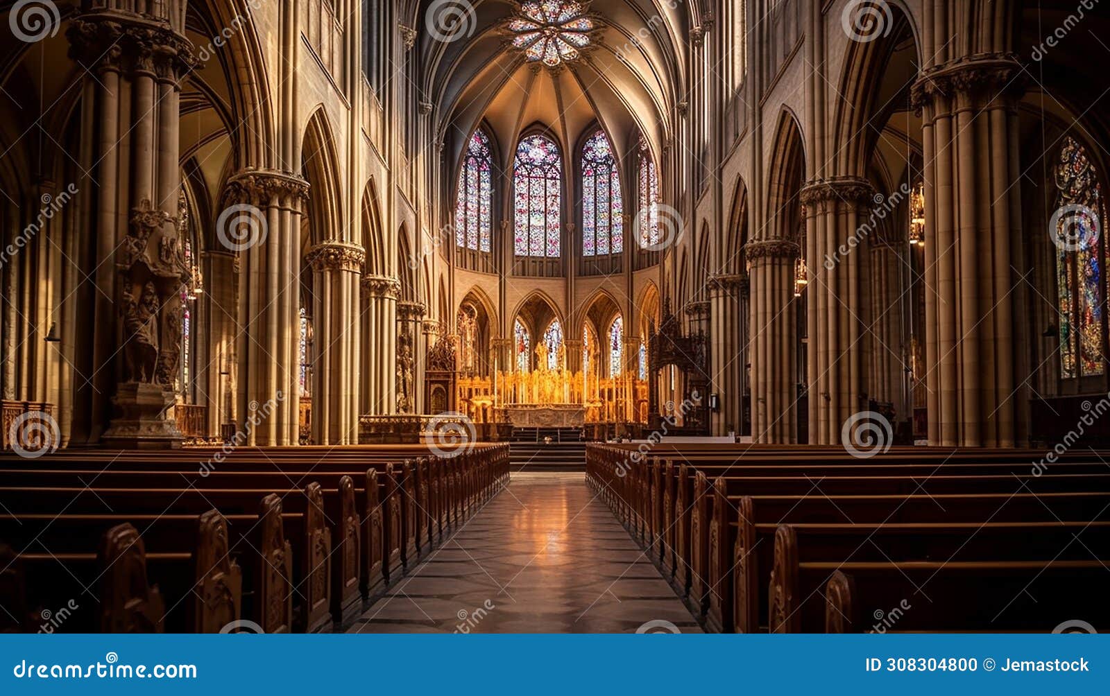 Inside Of A Medieval Cathedral, Illuminated Stained Glass Windows Depict Biblical Scenes ...