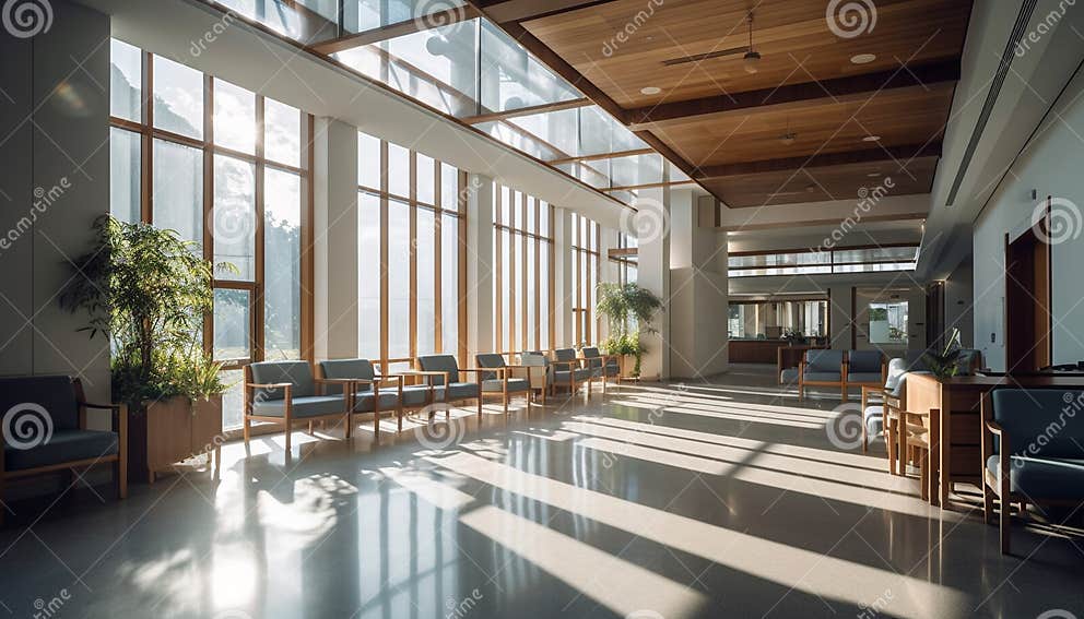 Inside of a Modern Building Feature, a Bright Blue Lobby Generated by ...