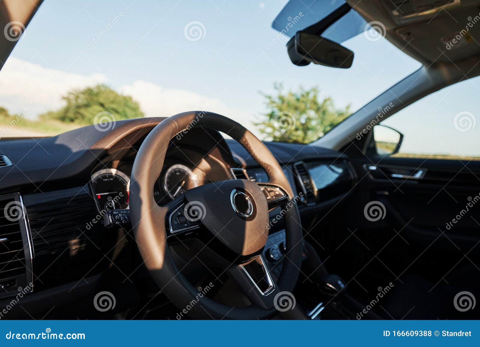 Inside Modern Car. Front Panel, Steering Wheel, Quality Material Stock ...