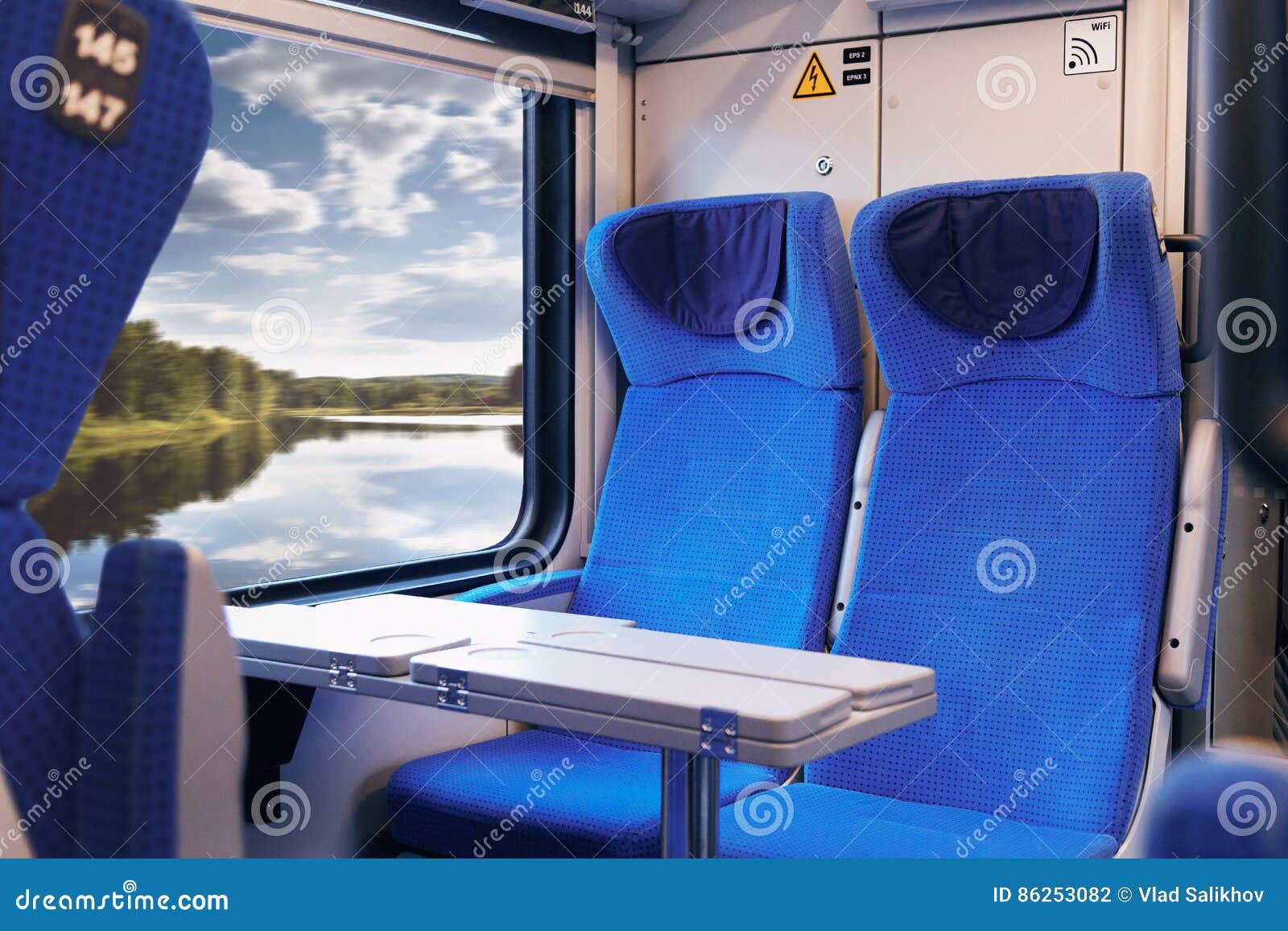 Inside of Modern Express Train. Nobody in Blue Chairs at Window ...