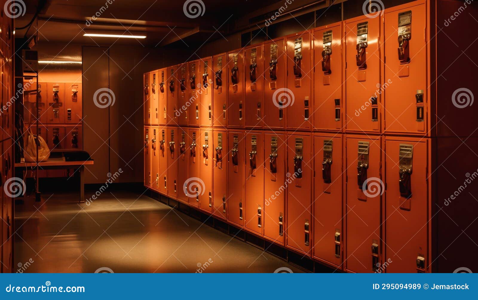 Inside a Modern High School, Empty Locker Room in a Row Generated by AI ...