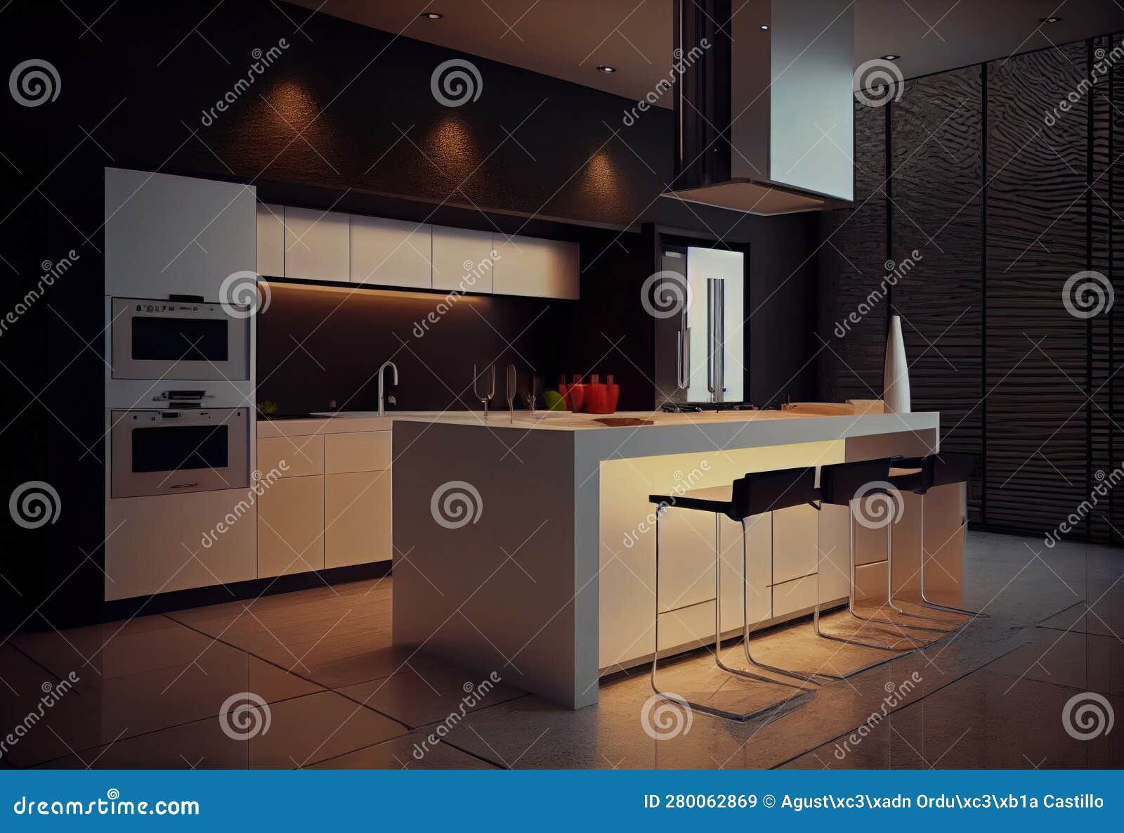 Inside a Modern Kitchen, with Dim Lighting. Generative AI. Stock ...