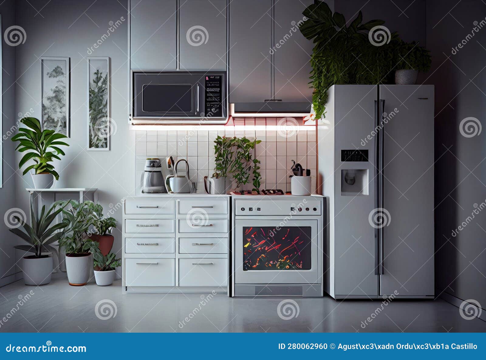 Inside a Modern Kitchen, with Dim Lighting. Generative AI. Stock ...