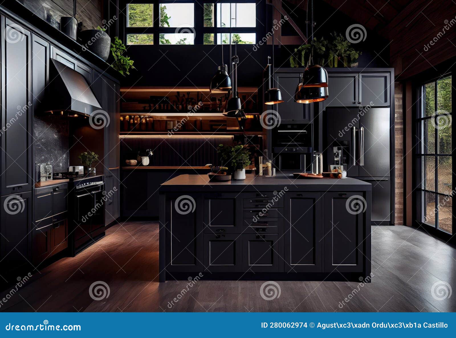 Inside a Modern Kitchen, with Dim Lighting. Generative AI. Stock Photo ...
