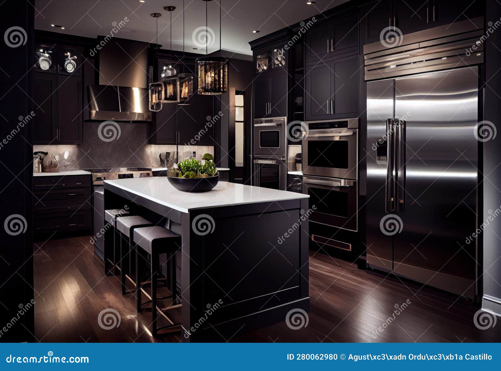 Inside a Modern Kitchen, with Dim Lighting. Generative AI. Stock Photo ...